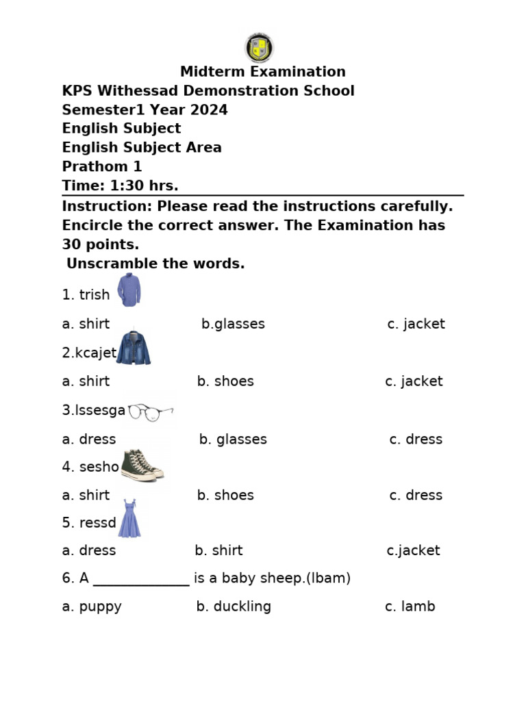 Prathom 1 English Midterm Exam 2024 | PDF