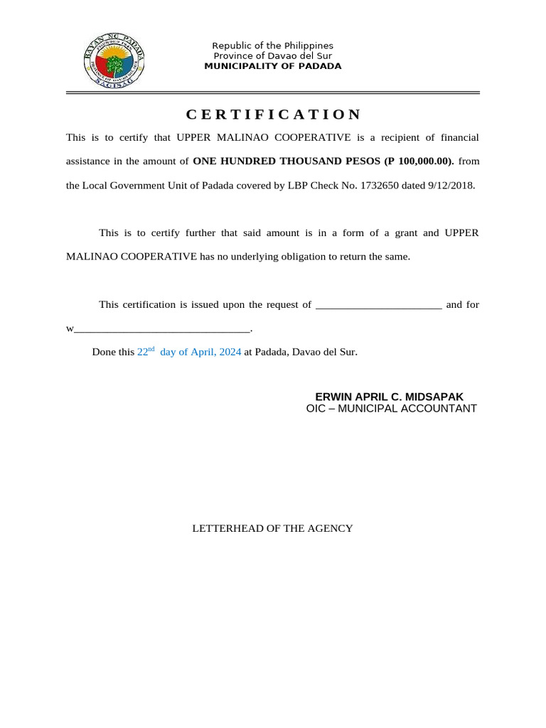 LGU - Padada - Certification - January and February 2023 (3) | PDF