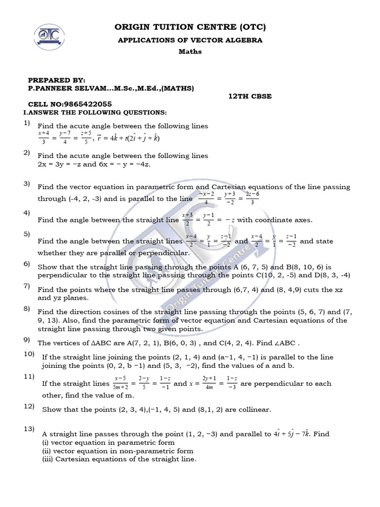 12th Cbse Applications of Vector Algebra New | PDF | Line (Geometry ...