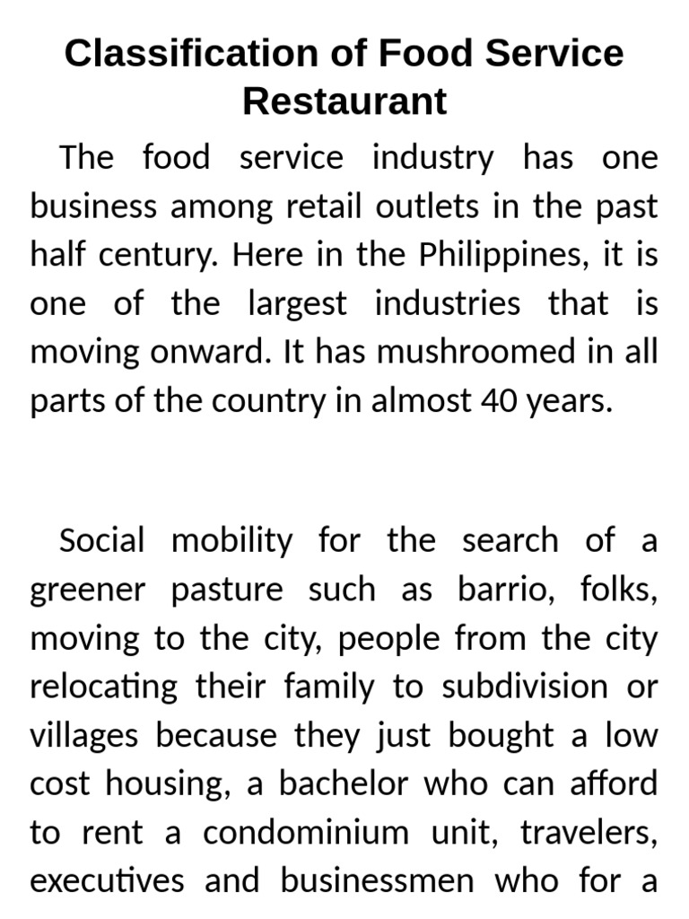 Classification of Food Service Restaurant | PDF | Hamburgers | Delicatessen