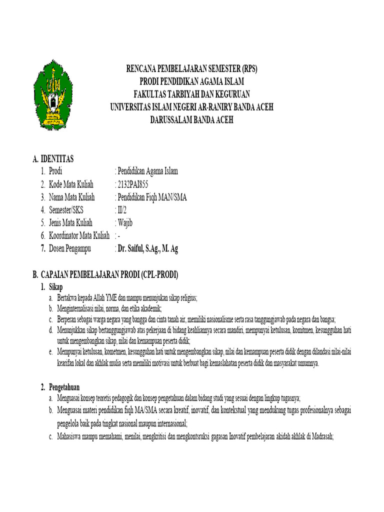 RPS MK Penddk Fiqh Ma-Sma | PDF