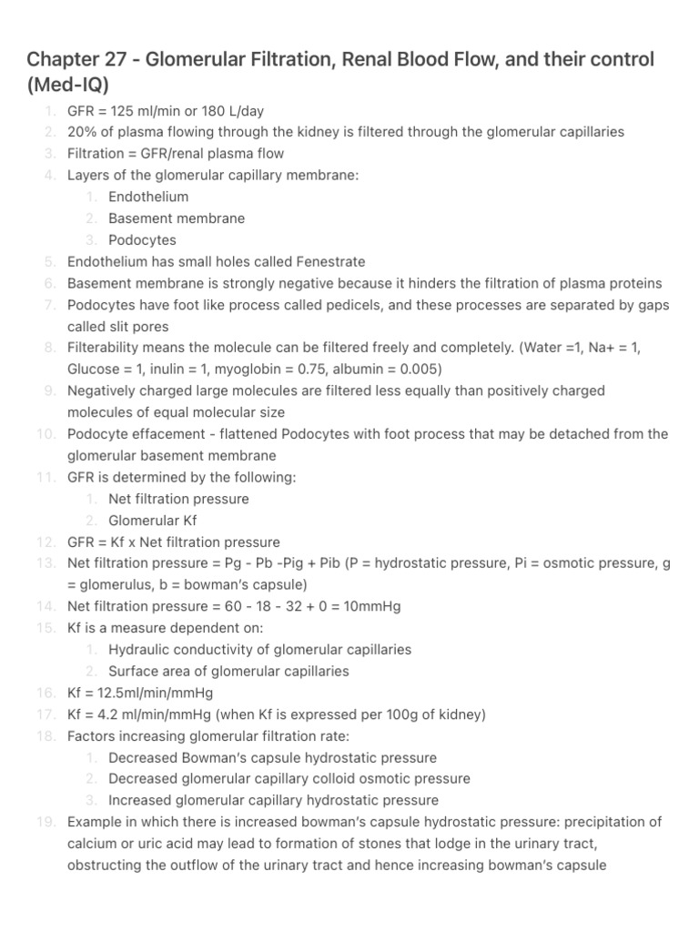 Chapter 27 - GFR, Renal Blood Flow and Their Control | PDF | Kidney | Physiology