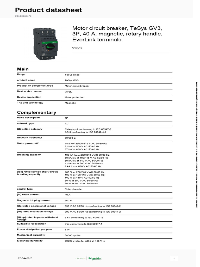 Schneider Electric TeSys Deca Frame 3 GV3L40 | PDF | Alternating ...