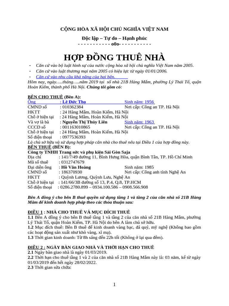 Hợp đồng 21B Hàng Mắm | PDF