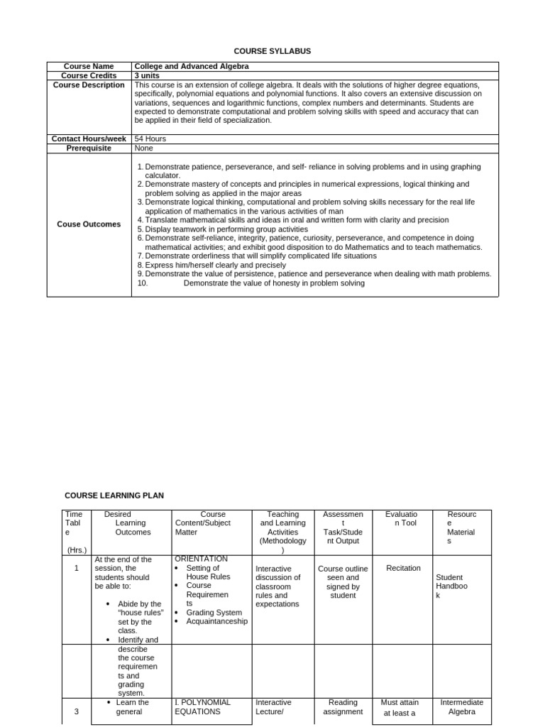 College Algebra Course Syllabus | PDF | Logarithm | Polynomial