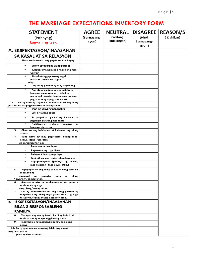 The Marriage Expectations Inventory Form | PDF