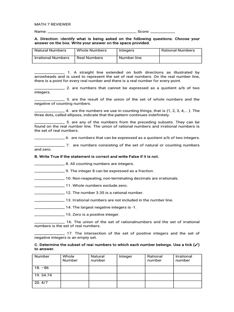MATH 7 REVIEWER-WPS Office | PDF | Numbers | Real Number
