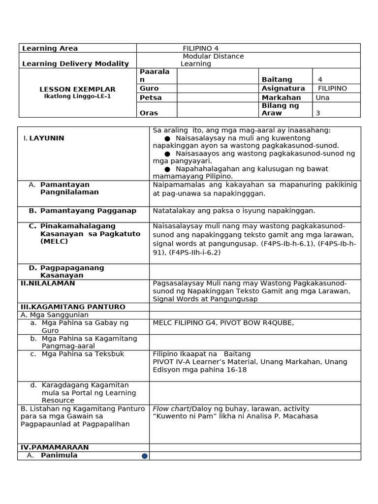 FILIPINO 4, Week 3, LE1-Unang Markahan | PDF
