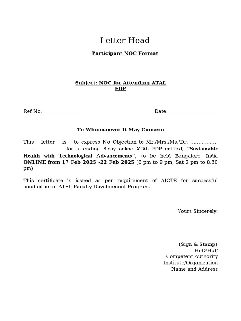 NOC for ATAL FDP Participation | PDF