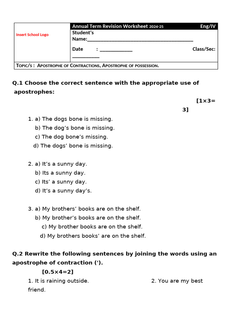 4 English Day 2 'Apostrophe of Contraction and Possesion' | PDF
