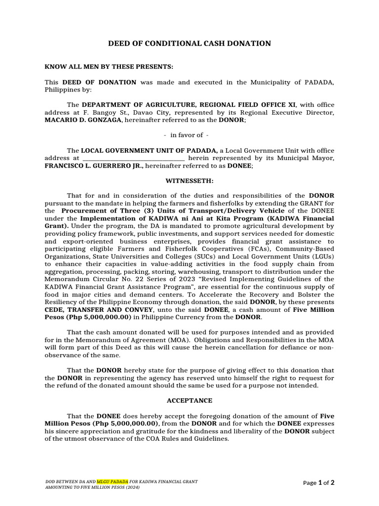 Deed of Conditional Cash Donation Lgu 2024 5M Padada | PDF | Economies