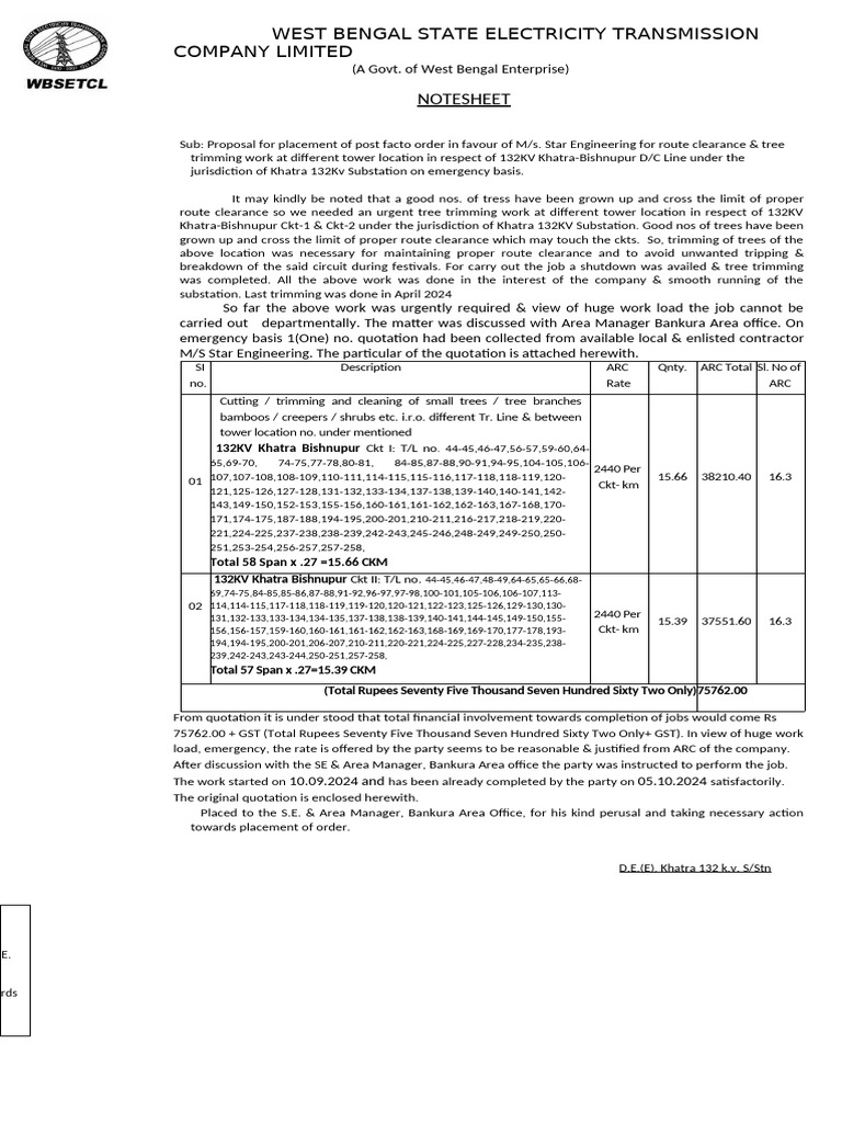 Emergency Tree Trimming Proposal for 132KV Line | PDF | Power ...