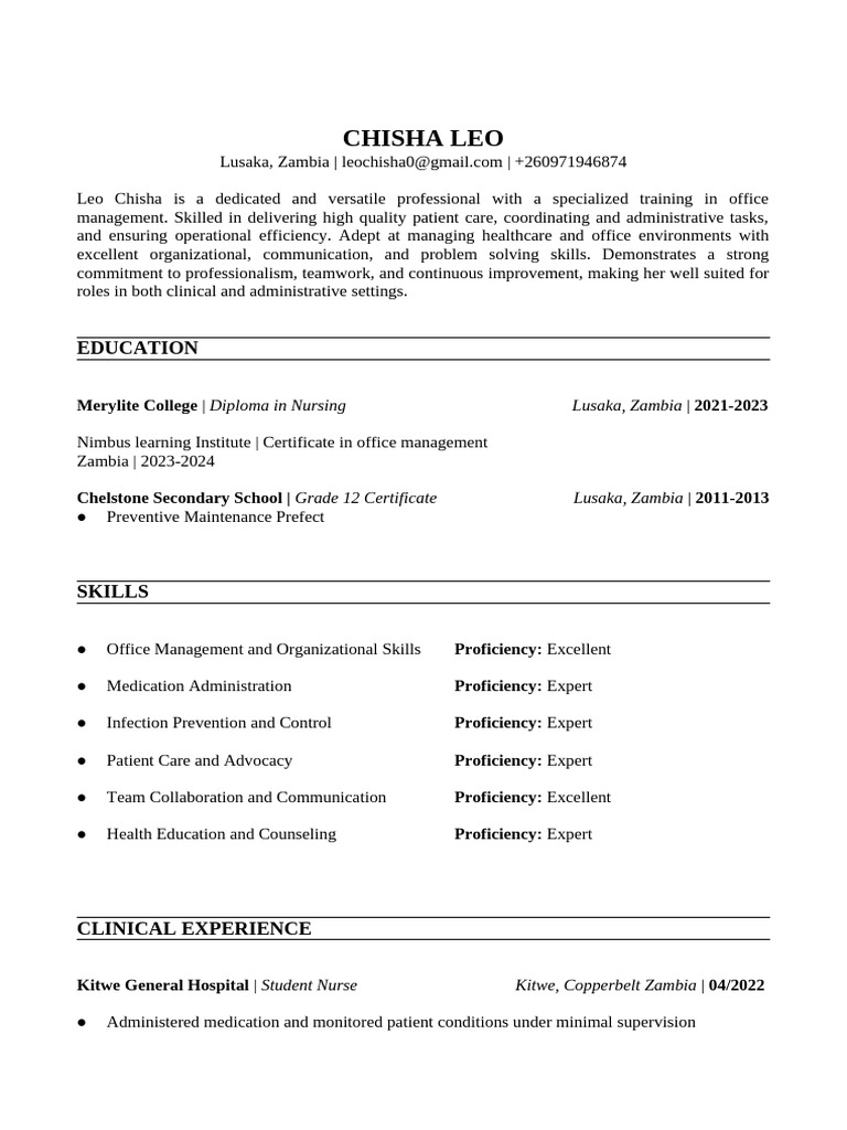 Leo Chisha Resume Updated | PDF | Health Care | Nursing