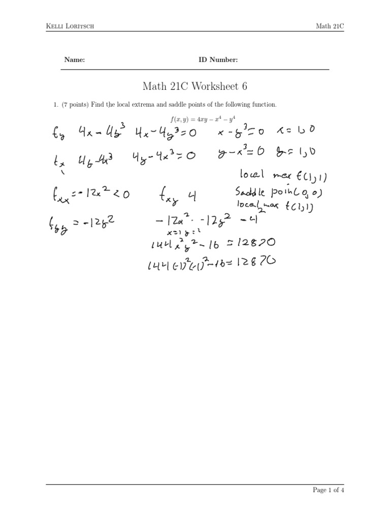 Math 21C Worksheet: Extrema & Series | PDF