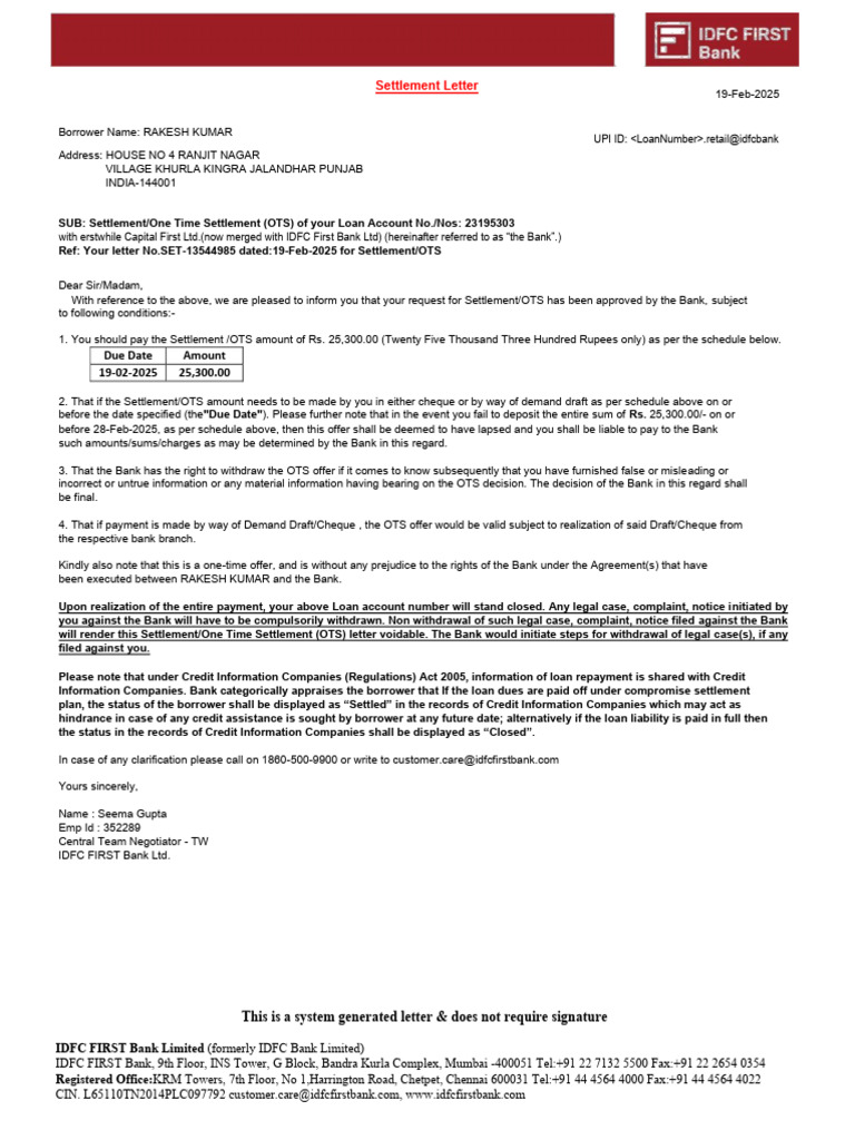 IDFC First Bank Loan Settlement Approval | PDF | Banks | Cheque