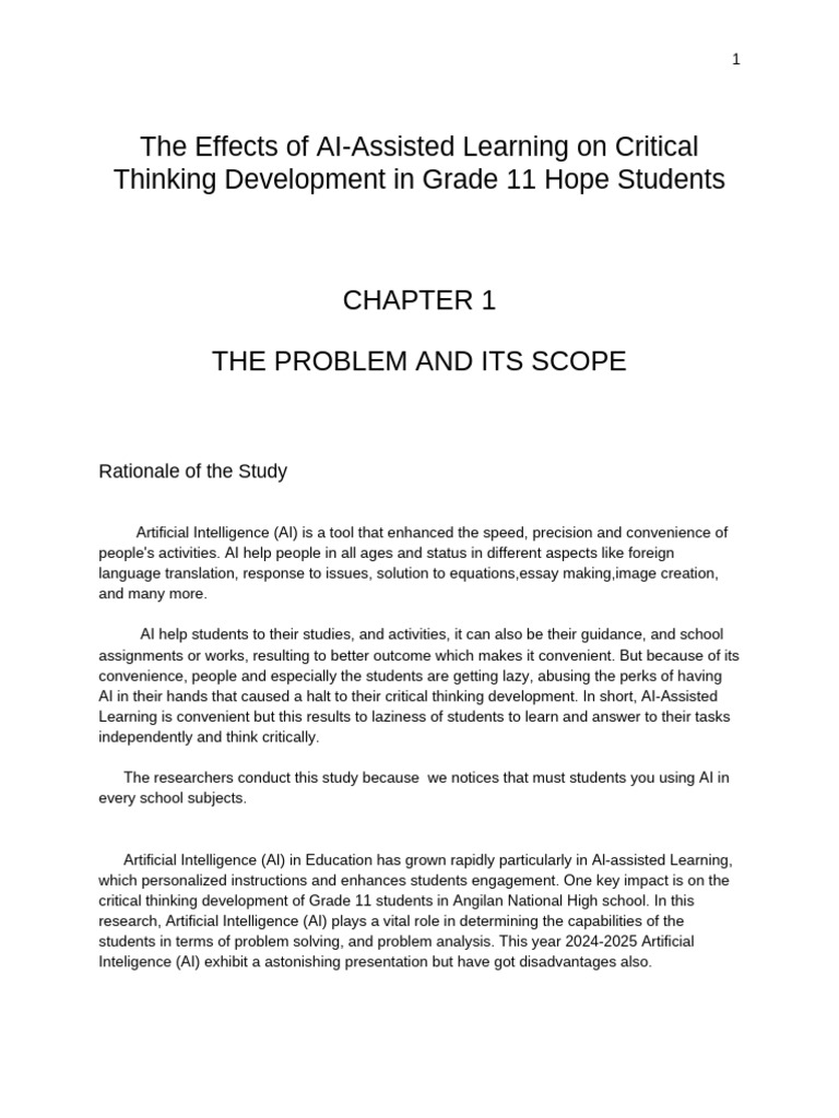 The Effects of Ai Assisted Learning On Critical Thinking Development in ...