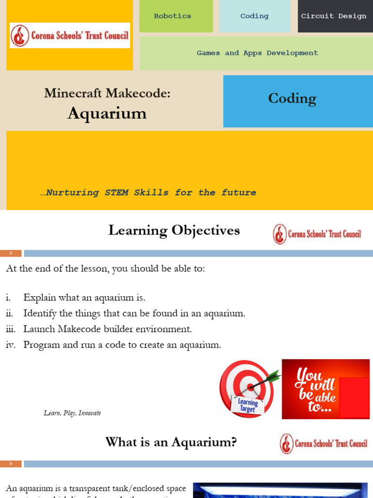1st Term - Class 6 - Weeks 9 - 11 - Minecraft Makecode - Aquarium | PDF | Minecraft