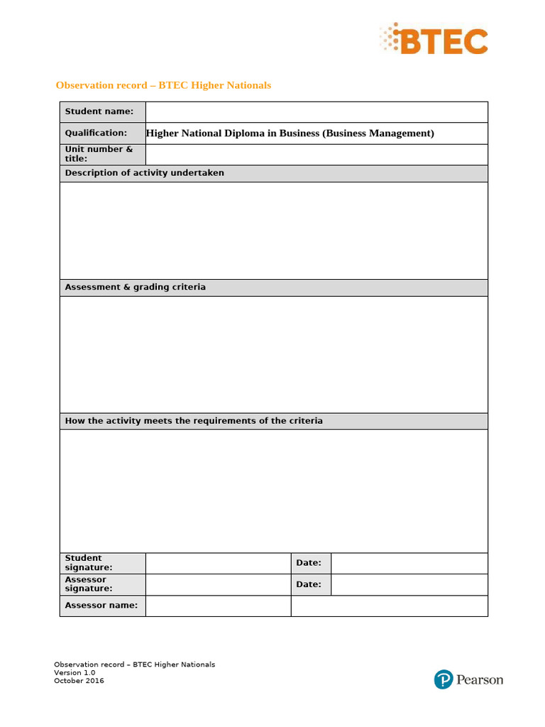 BTEC Observation Record Template | PDF