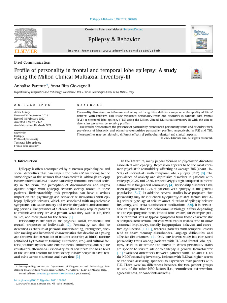 Profile of Personality in Frontal and Temporal Lobe Epilepsy | PDF ...