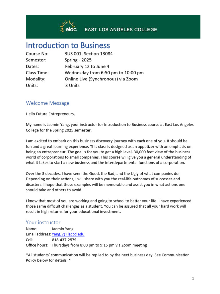 Syllabus Intro to Bus 001 2025 Wednesday | PDF | Marketing | Human ...