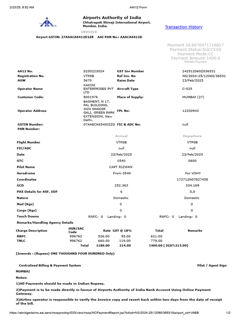 23 02 2025 Vabb Vohy Aai12 Form | PDF | Payments | Aviation