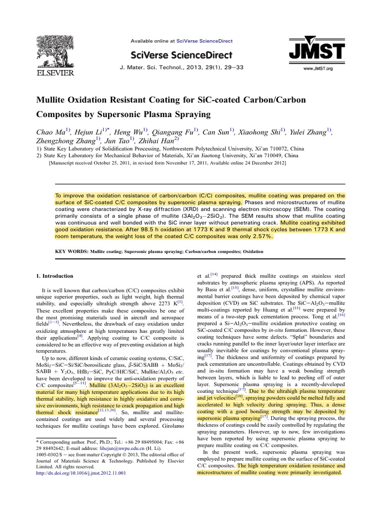2013 Mullite Oxidation Resistant Coating For SiC Coated ...