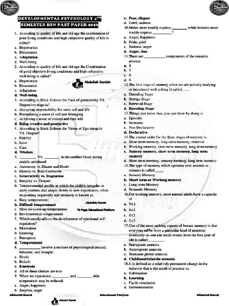 D. Psychology 2022 Solved Kmu Past Paper | PDF
