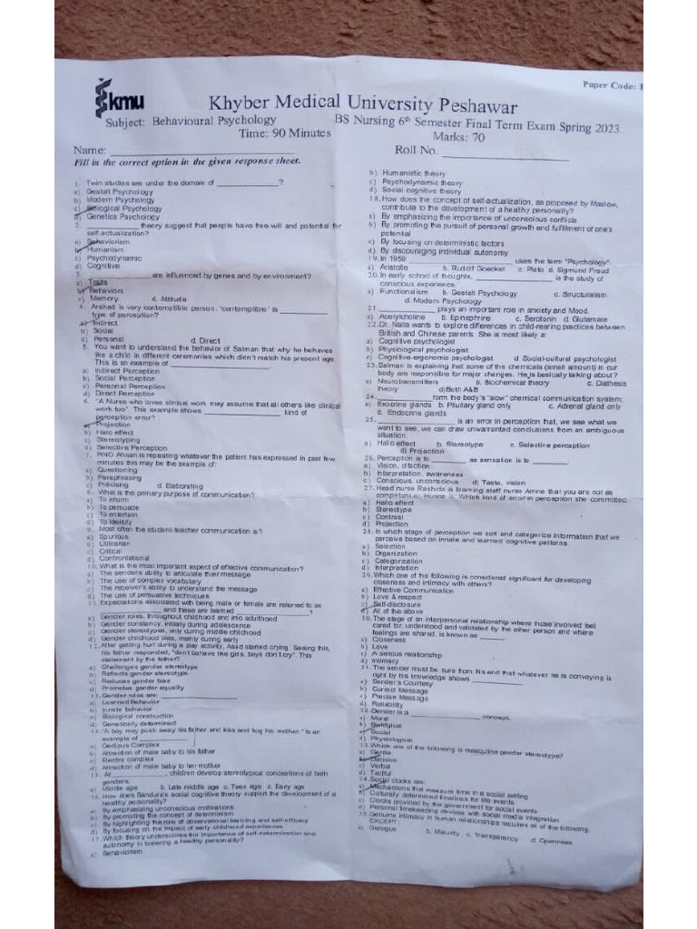 Behavioural Psychology 2k23 Paper Provided by MD - SAMEER | PDF