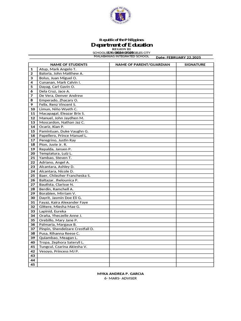 Student Signatures for S.Y. 2024-2025 | PDF