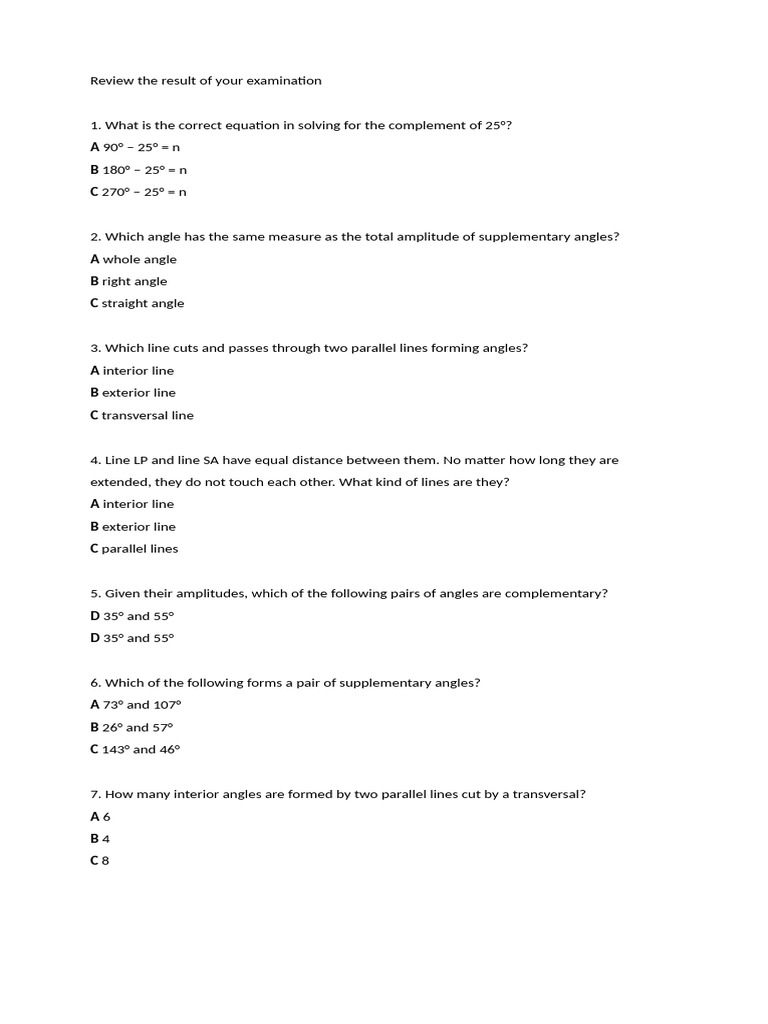 Two Combinations of Angles and Angles Formed by Parallel Lines QUIZZ | PDF | Euclidean Geometry ...