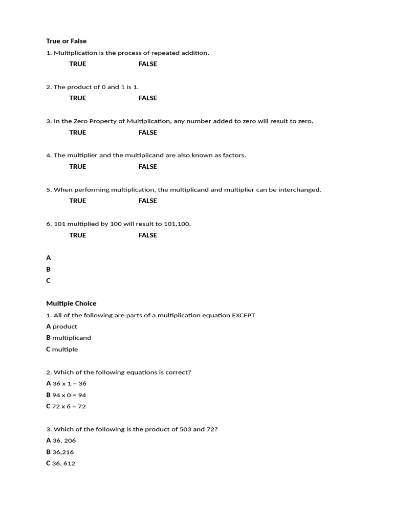Properties of Multiplication and Multiplication of Whole Numbers Quiz | PDF