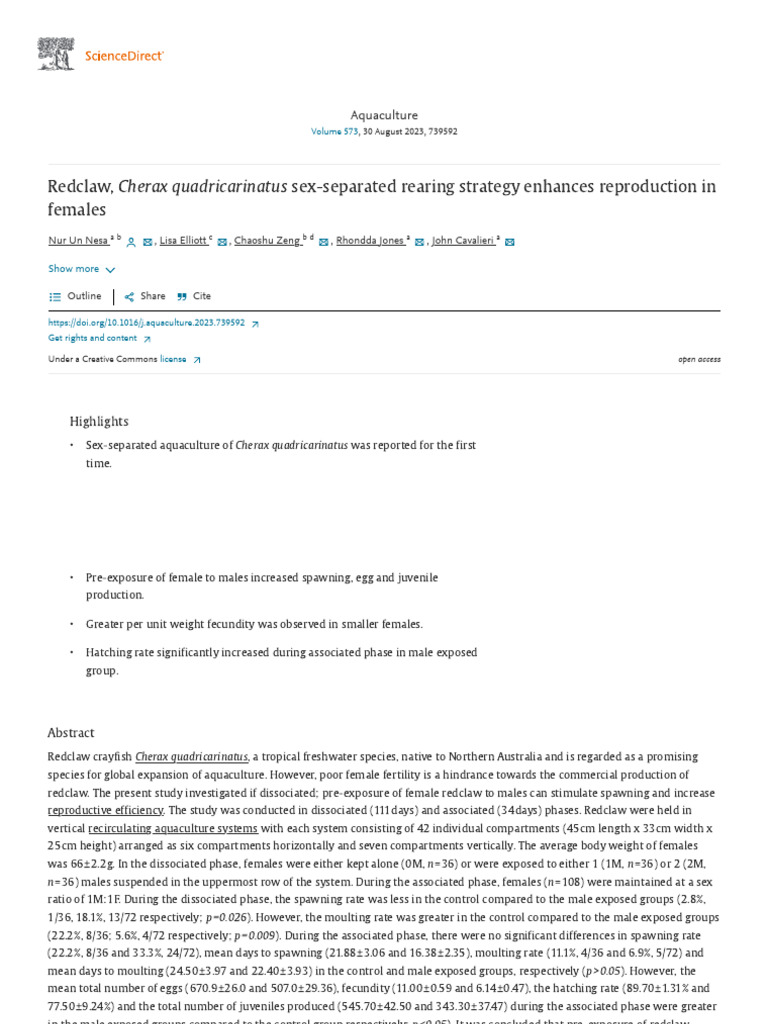 Enhancing Reproduction in Redclaw Crayfish | PDF