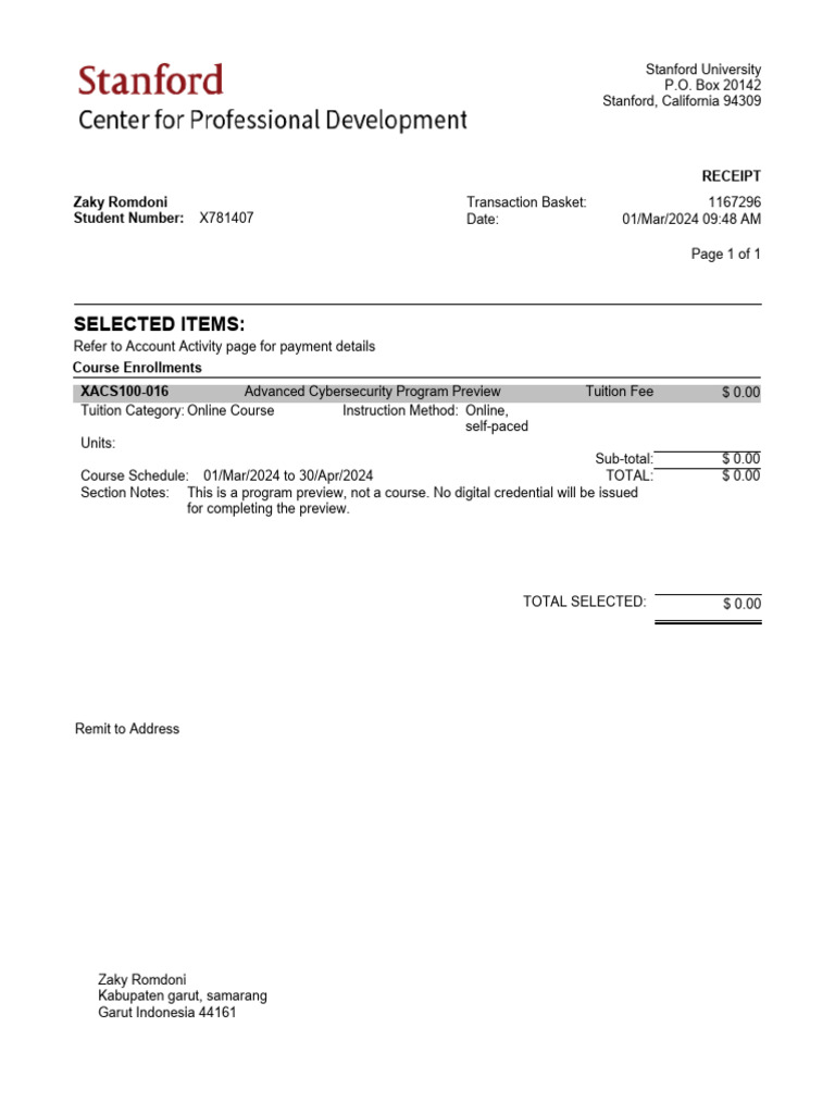 Stanford Center for Professional Development Receipt | PDF