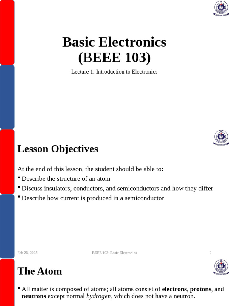 BEEE 103 Basic Electronics_Lecture 1 | PDF | Atoms | Atomic Nucleus