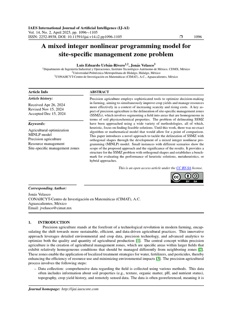 Amixed Integer Nonlinear Programming Model For Site-Specific Management Zone Problem | PDF ...