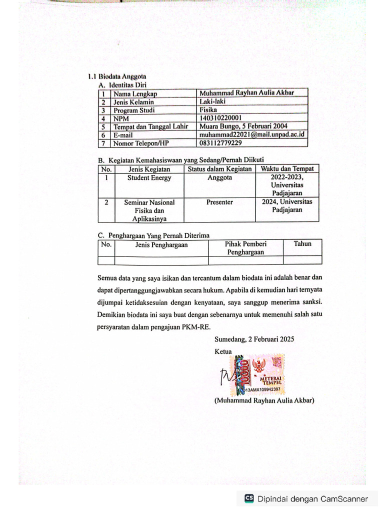 Muhammad Rayhan_140310220001_biodata | PDF