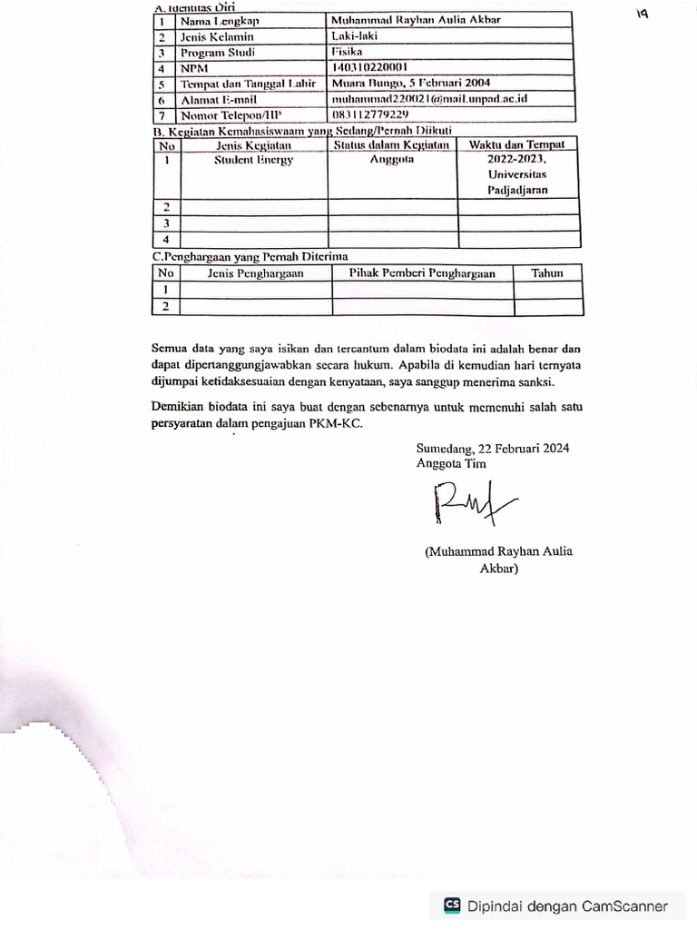Biodata Rayhan Scanned | PDF