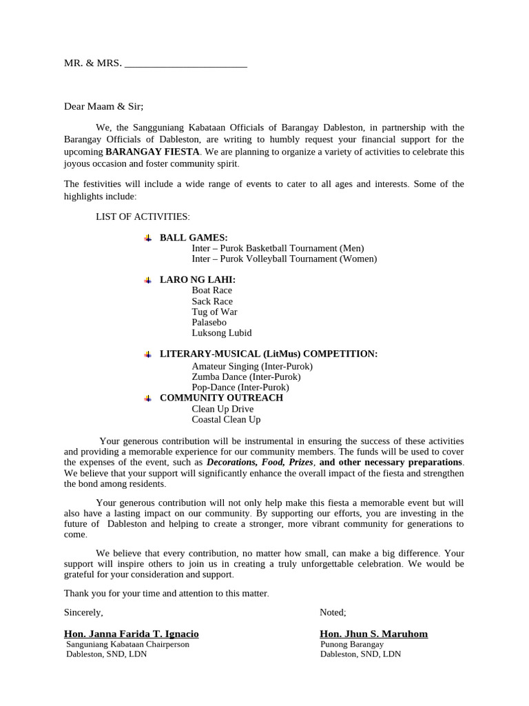 Barangay Dableston Fiesta Activities | PDF