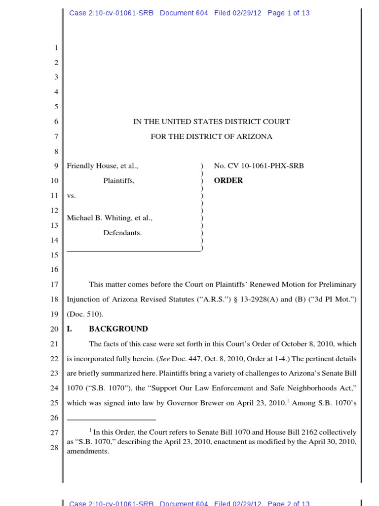 Order Granting Plaintiffs' Renewed Motion for Preliminary Injunction | Arizona Sb 1070 | First ...