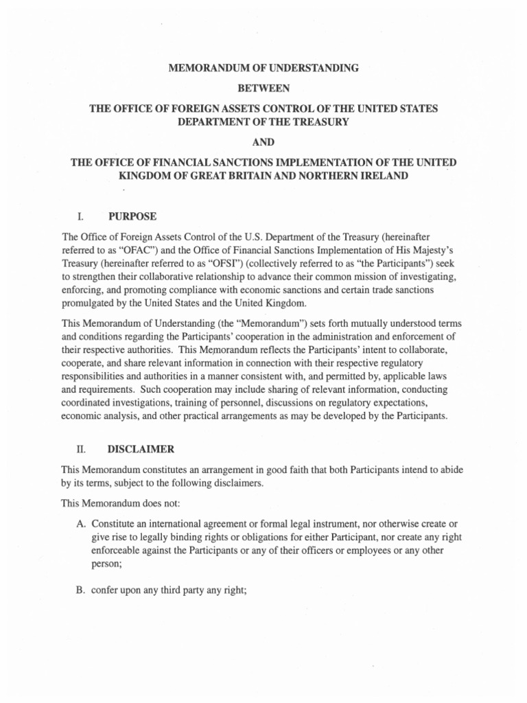 Ofac Ofsi Information Sharing Mou | PDF | Information | Discovery (Law)