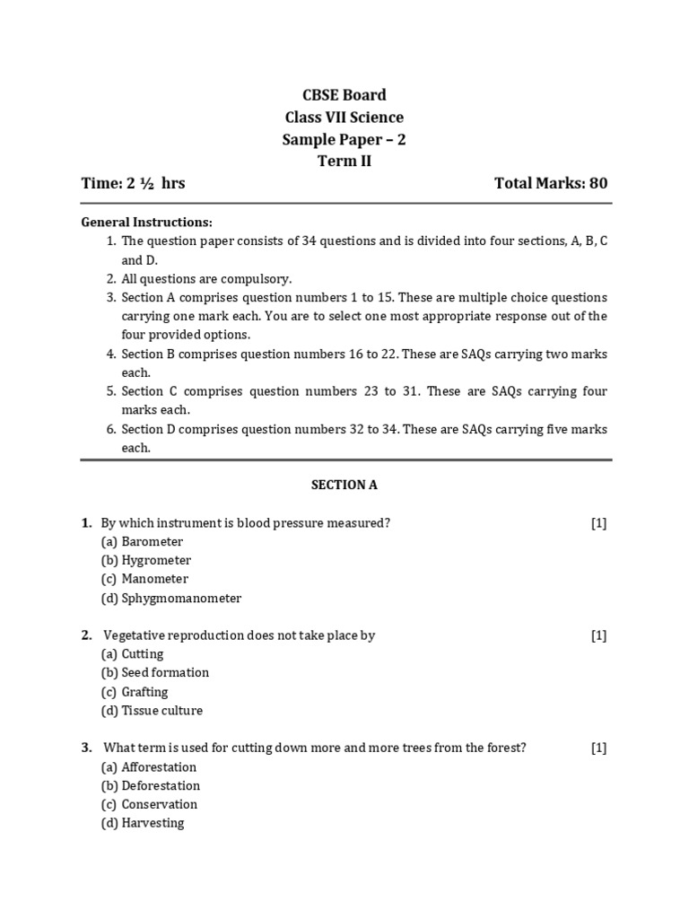 CBSE Board Class VII Science Sample Paper - 2 Term II | PDF ...