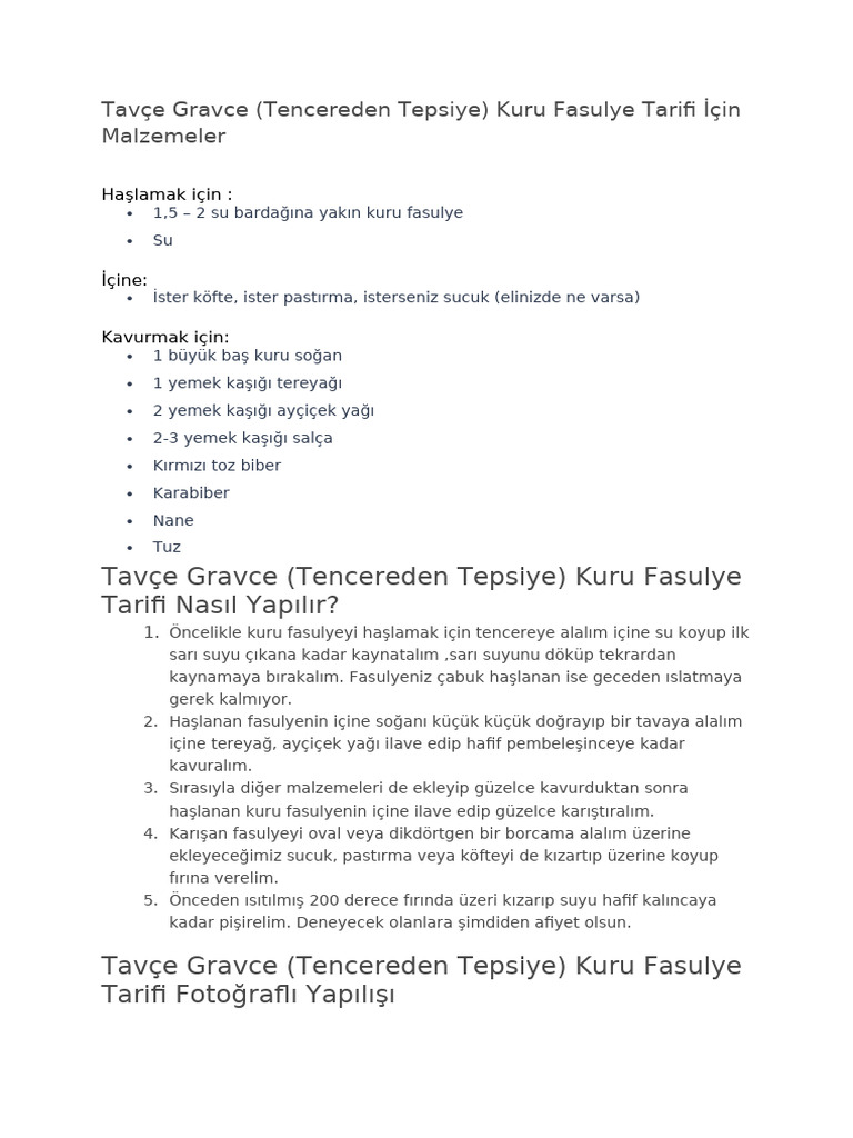 Tavçe Gravce (Tencereden Tepsiye) Kuru Fasulye | PDF