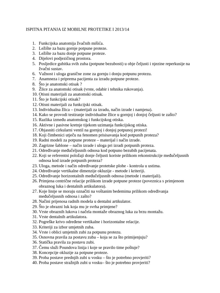 Pitanja Mobilna Protetika I | PDF