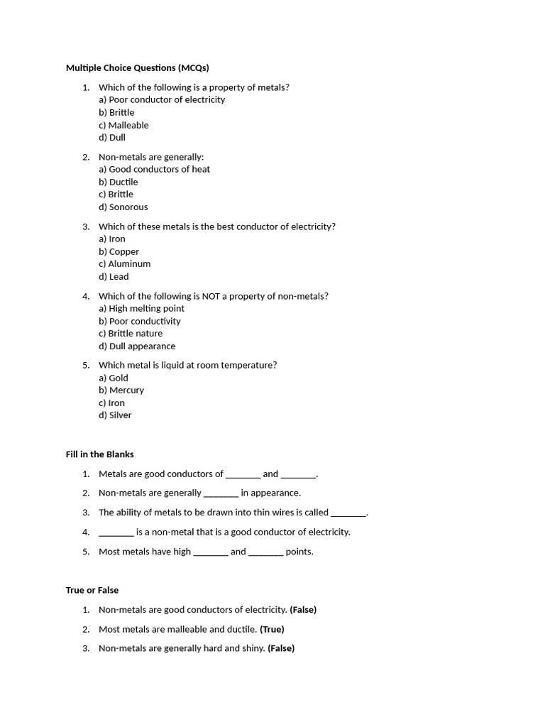 Worksheet Grade 6 Properties of Metals and Non Metals | PDF