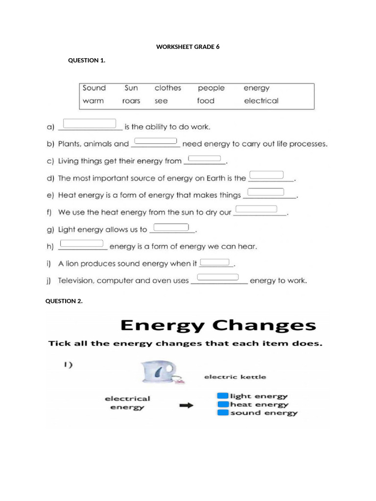 WORKSHEET GRADE 6 Sources of Energy and Conversion | PDF