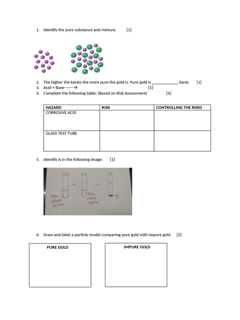 Worksheet Grade 7 Pure Substances & Mixtures | PDF