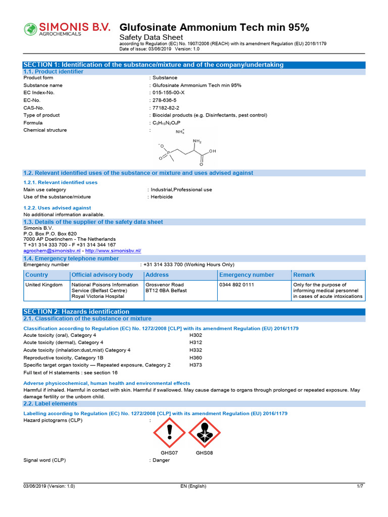 MSDS Glufosinate-Ammonium-Tech-min-95-ENGB-v1.0-CLP | PDF ...