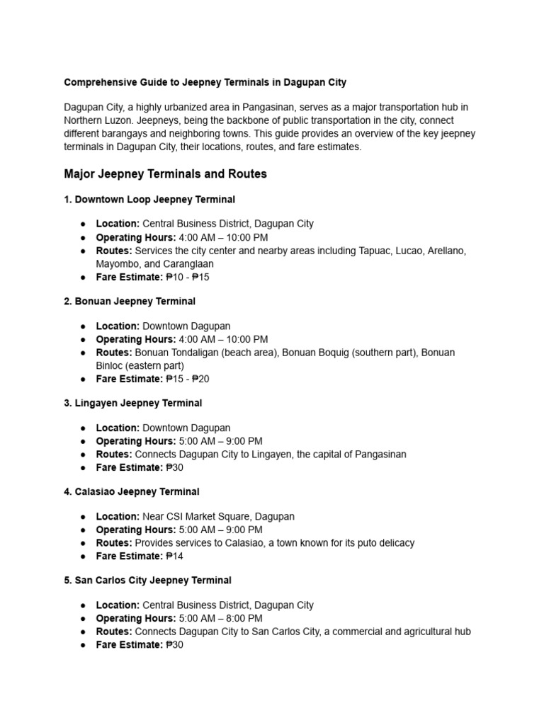 Comprehensive Guide To Jeepney Terminals in Dagupan City | PDF