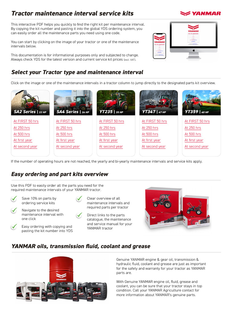 Yanmar Tractor Maintenance Kits Guide | PDF | Lubricant | Lubrication