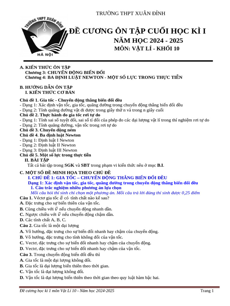 ÔN-CHK1-K10-K11-K12-THPT Xuân Đỉnh-Hà Nội-24-25 | PDF